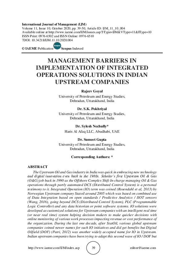 (PDF) MANAGEMENT BARRIERS IN IMPLEMENTATION OF INTEGRATED OPERATIONS ...
