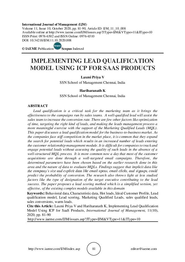 (PDF) IMPLEMENTING LEAD QUALIFICATION MODEL USING ICP FOR SAAS PRODUCTS
