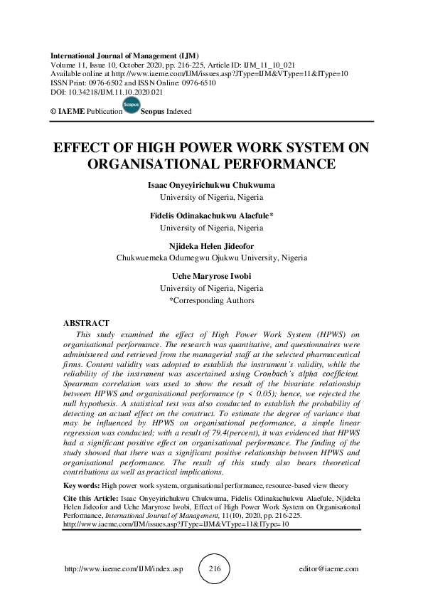 (PDF) Effect of High Power Work System on Organisational Performance
