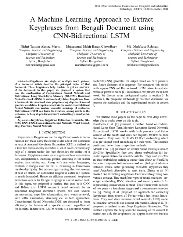 Pdf A Machine Learning Approach To Extract Keyphrases From Bengali Document Using Cnn