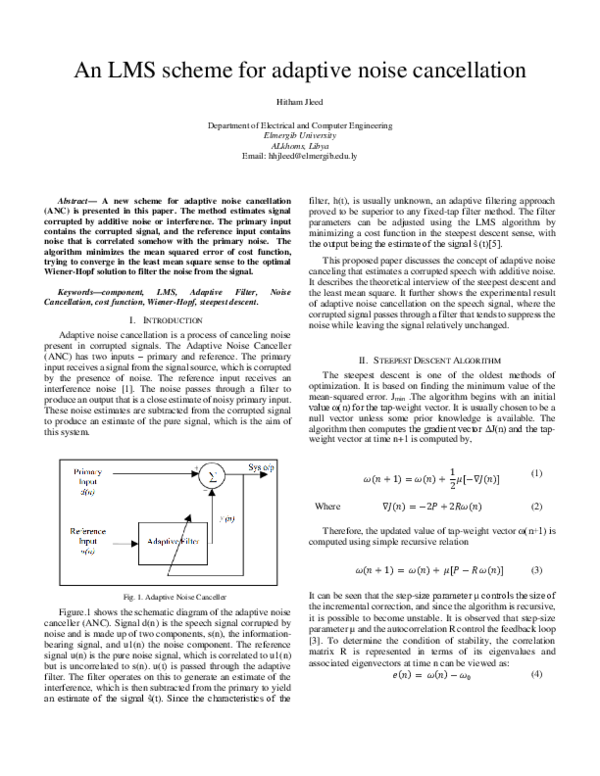 (PDF) An LMS scheme for adaptive noise cancellation