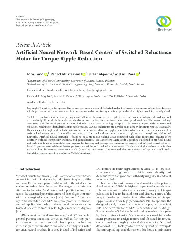 (PDF) Artificial Neural Network-Based Control of Switched Reluctance Motor for Torque Ripple ...
