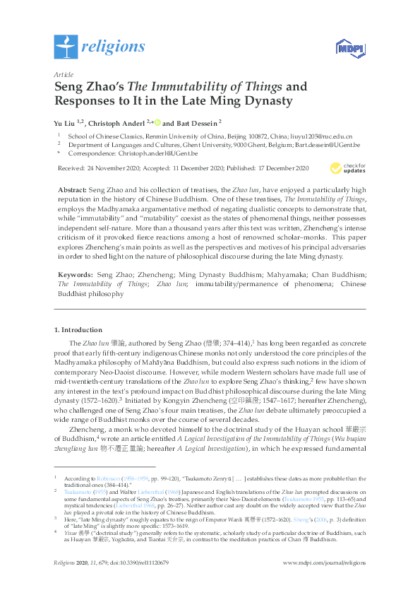 (PDF) Seng Zhao's The Immutability of Things and Responses to It in the ...