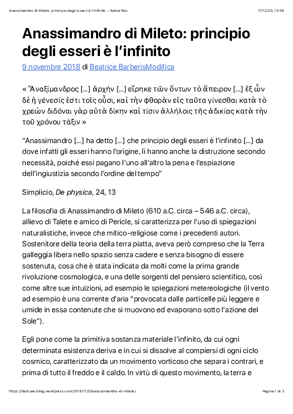 (PDF) Anassimandro di Mileto: principio degli esseri è l’infinito ...