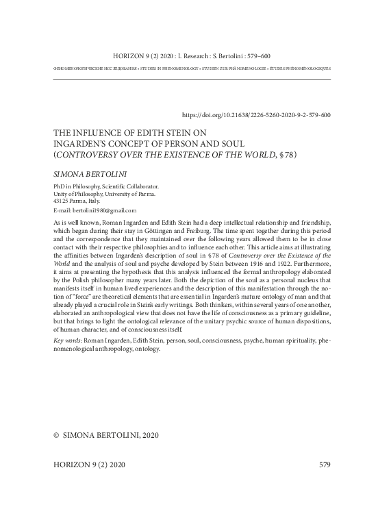 (PDF) THE INFLUENCE OF EDITH STEIN ON INGARDEN'S CONCEPT OF PERSON AND ...