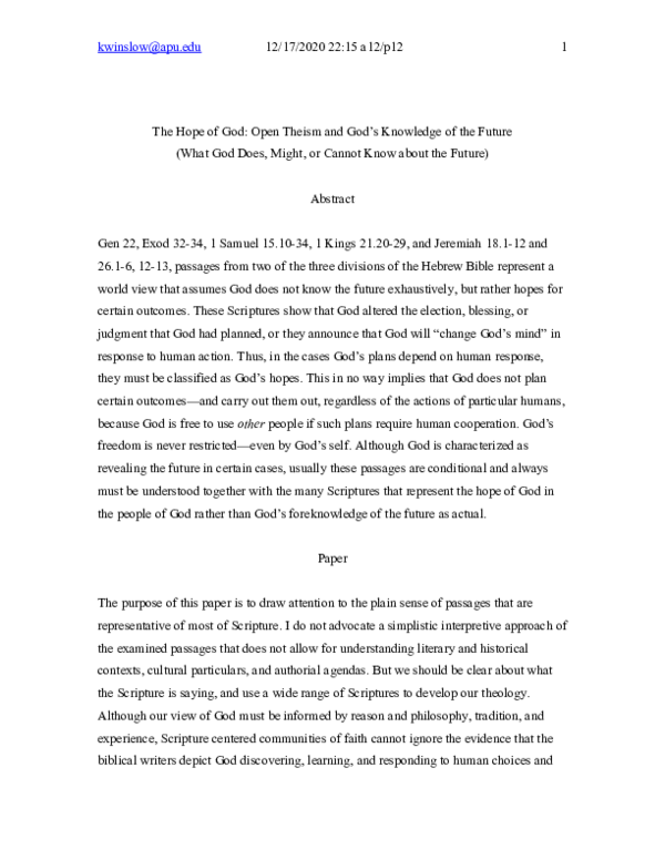 (DOC) The Hope of God: Open Theism and God's Knowledge of the Future