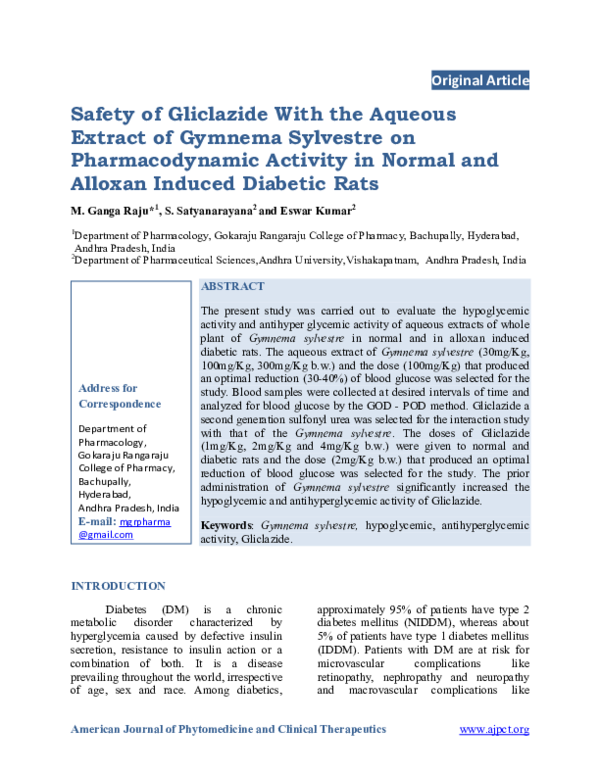 (PDF) Safety of Gliclazide With the Aqueous Extract of Gymnema Sylvestre on Pharmacodynamic ...
