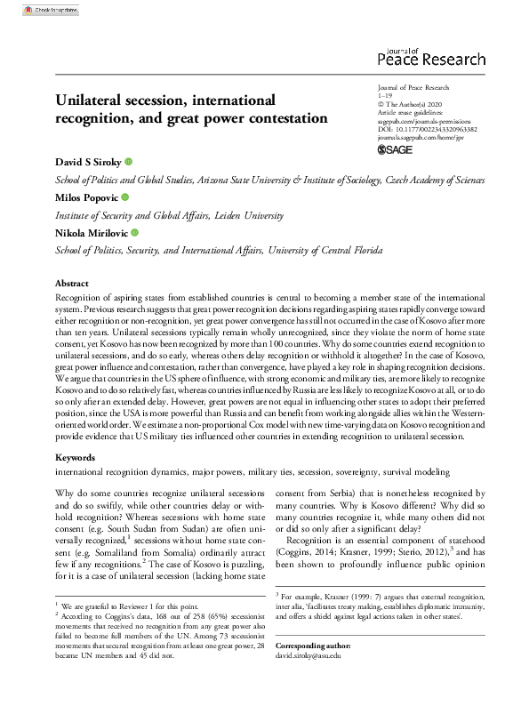 (PDF) Unilateral secession, international recognition, and great power ...
