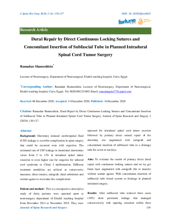 (PDF) Dural Repair by Direct Continuous Locking Sutures and Concomitant ...