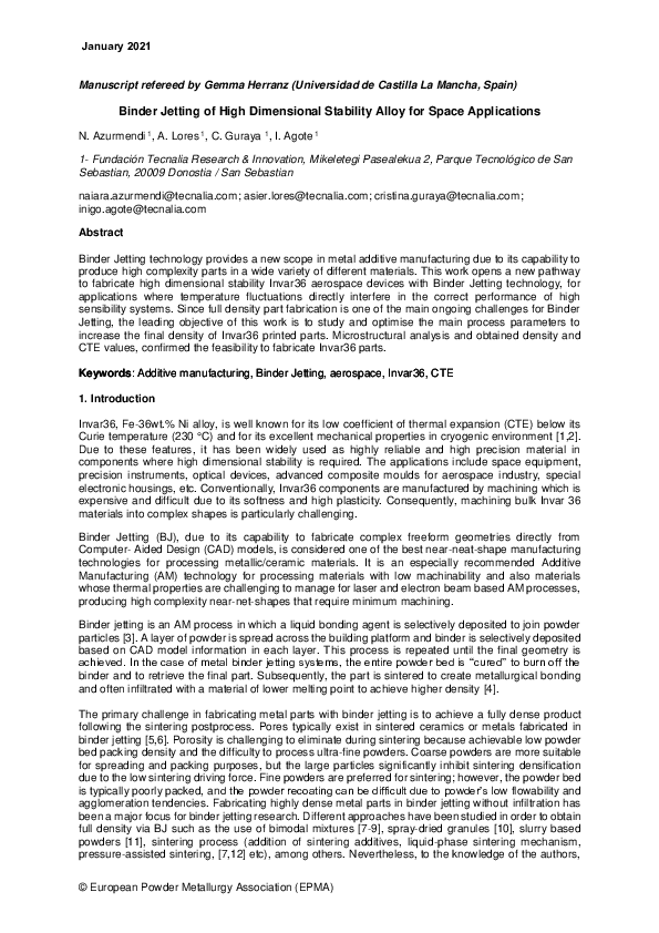 (PDF) Binder Jetting of High Dimensional Stability Alloy for Space ...