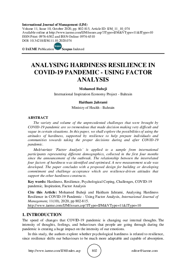 (PDF) Analysing Hardiness Resilience in COVID-19 Pandemic -Using Factor ...