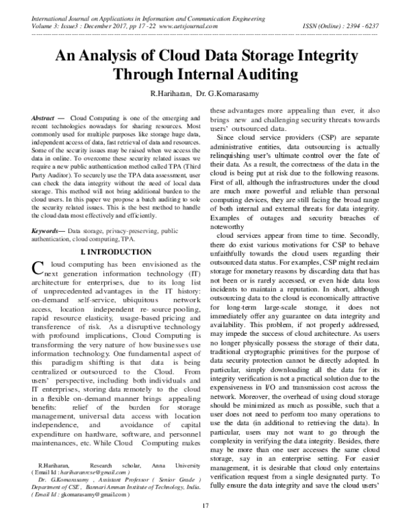 (PDF) Analysis Of Cloud Data Storage Integrity Through Internal Auditing