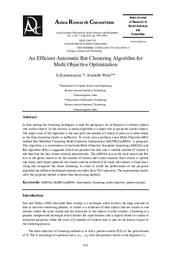 Pdf Asian Research Consortium An Efficient Automatic Bat Clustering Algorithm For Multi