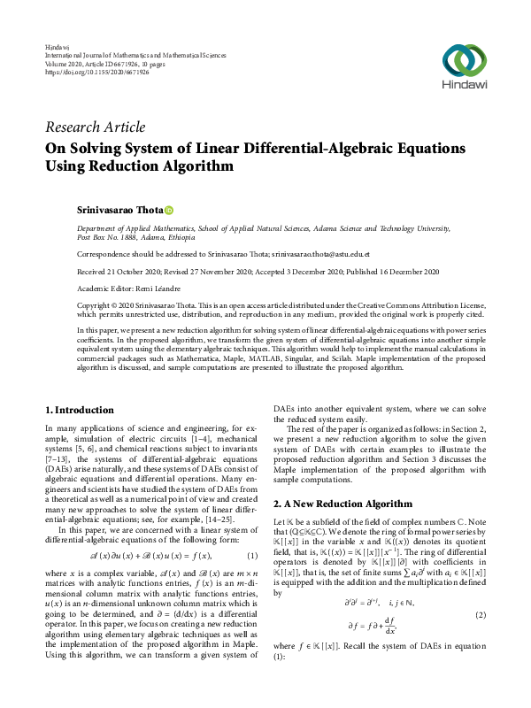 Pdf On Solving System Of Linear Differential Algebraic Equations Using Reduction Algorithm