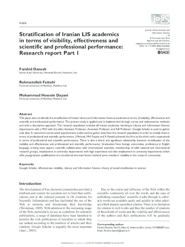 (PDF) Stratification of Iranian LIS academics in terms of visibility ...