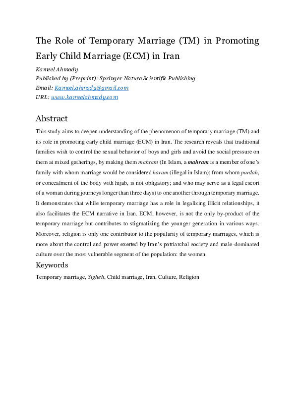 (PDF) The Role of Temporary Marriage in Promoting Early Child Marriage ...