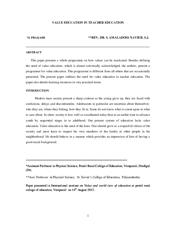 (PDF) Value Education in Teacher Education
