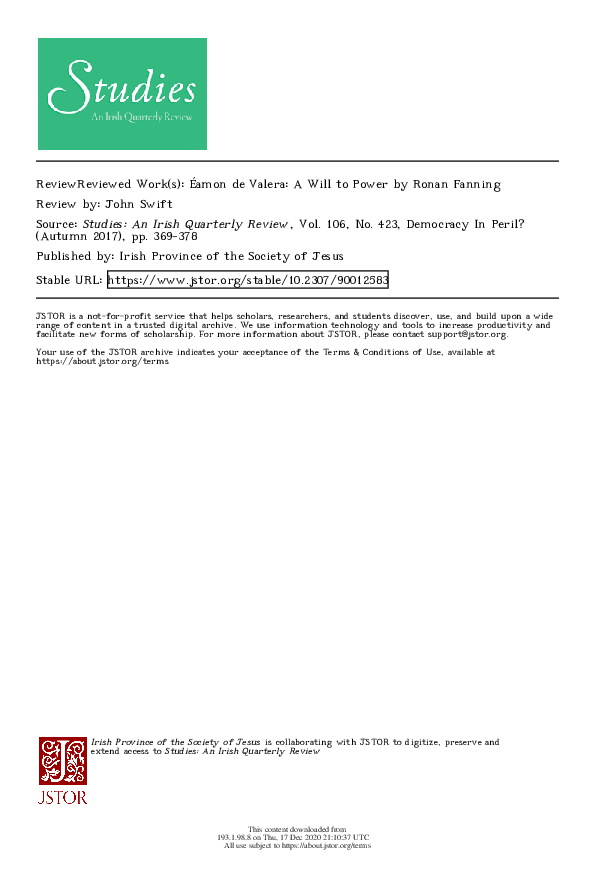 (PDF) Review article on " Eamonn de Valera - a Will to Power" by Ronan ...