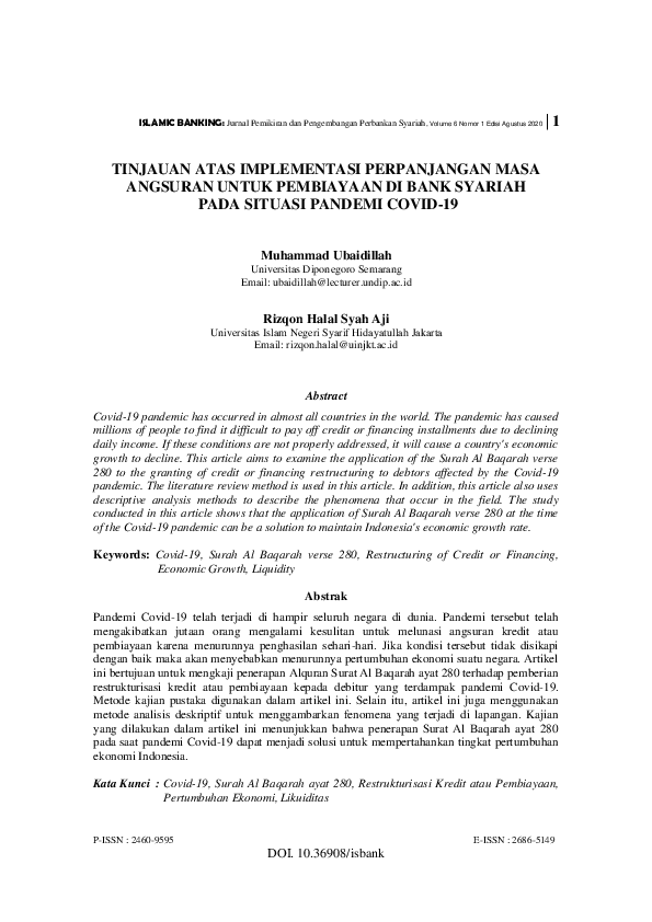 (PDF) Tinjauan Atas Implementasi Perpanjangan Masa Angsuran Untuk Pembiayaan Di Bank Syariah ...