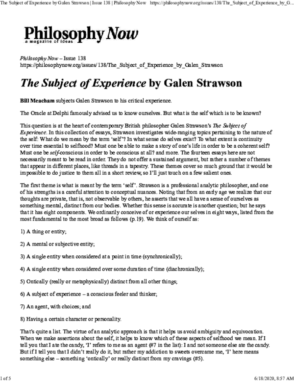 (PDF) The Subject of Experience by Galen Strawson