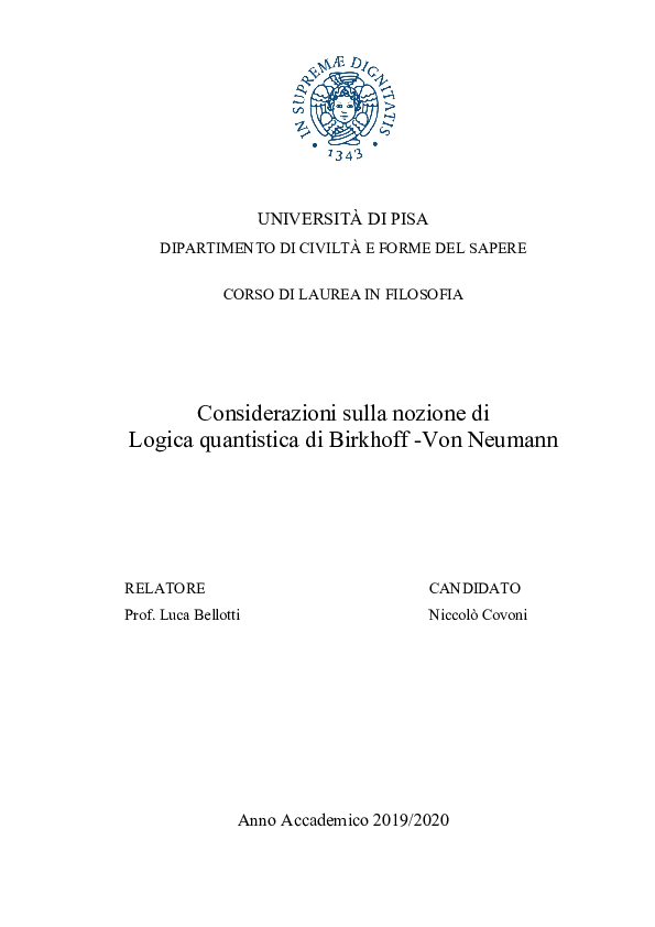 (PDF) Considerazioni sulla nozione di Logica quantistica di Birkhoff ...