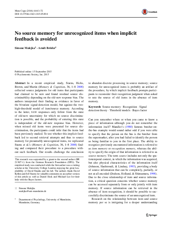 (PDF) No source memory for unrecognized items when implicit feedback is ...