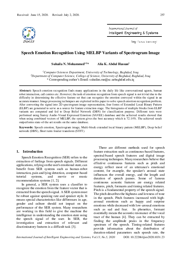 (PDF) Speech Emotion Recognition Using MELBP Variants of Spectrogram Image | Alia Hassan ...