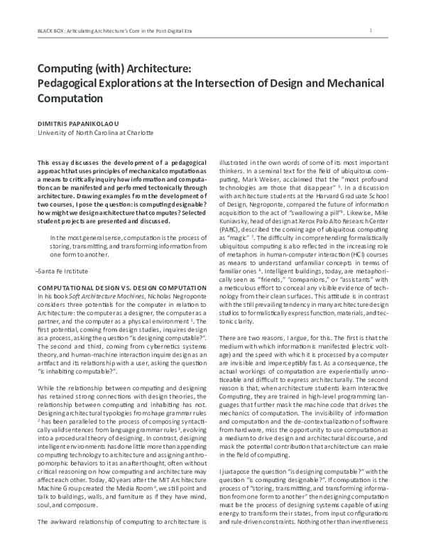 (PDF) Computing (with) Architecture: Pedagogical Explorations at the ...