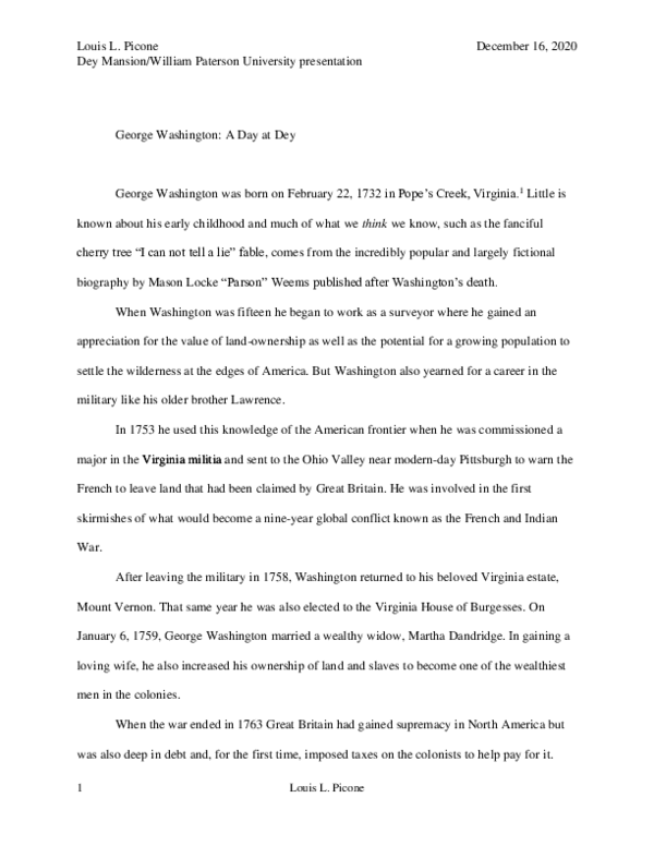 (PDF) Louis Picone George Washington, A Day in his life at Dey Mansion