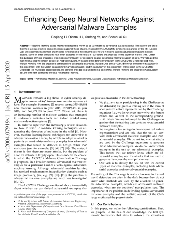 (PDF) Enhancing Deep Neural Networks Against Adversarial Malware Examples