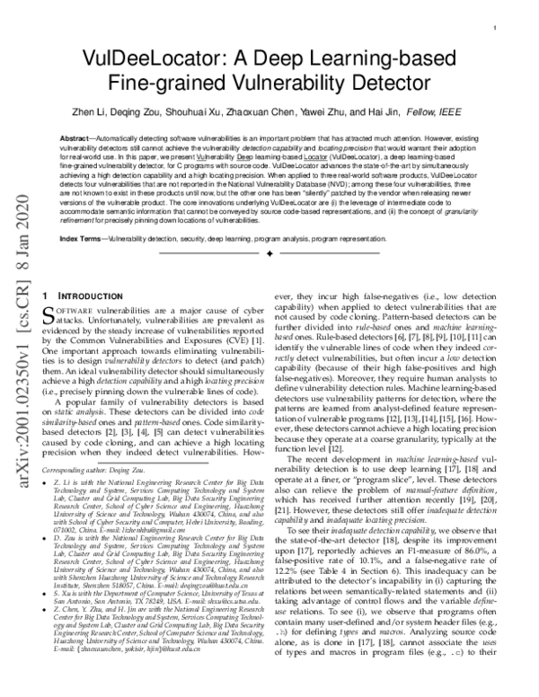 (PDF) VulDeeLocator: A Deep Learning-based Fine-grained Vulnerability Detector