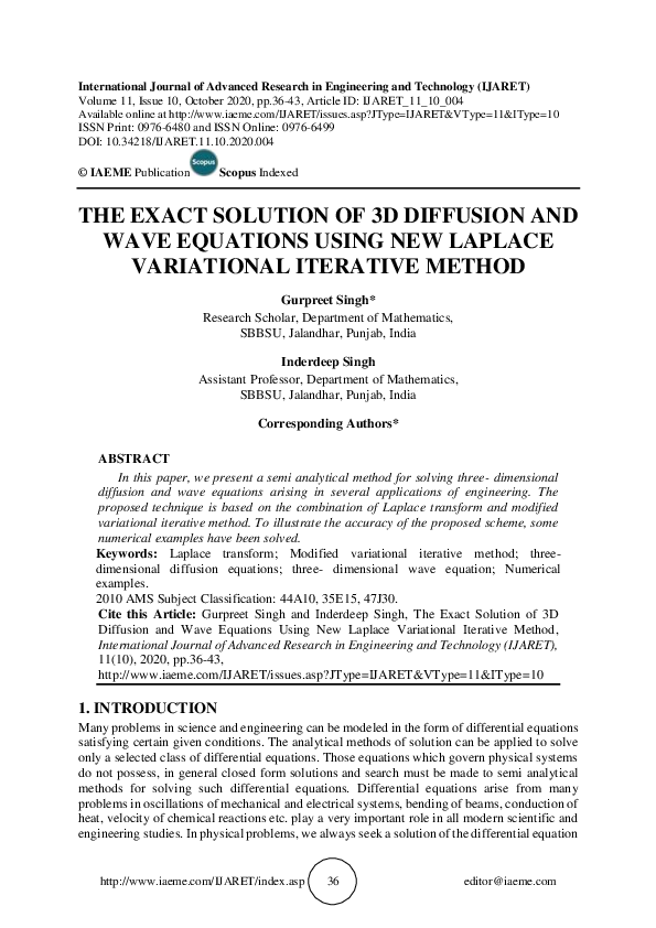 Pdf The Exact Solution Of 3d Diffusion And Wave Equations Using New Laplace Variational