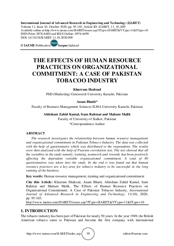 (PDF) The Effects of Human Resource Practices on Organizational Commitment: A Case of Pakistan ...