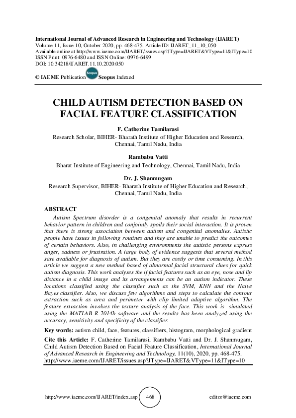 (PDF) Child Autism Detection Based on Facial Feature Classification