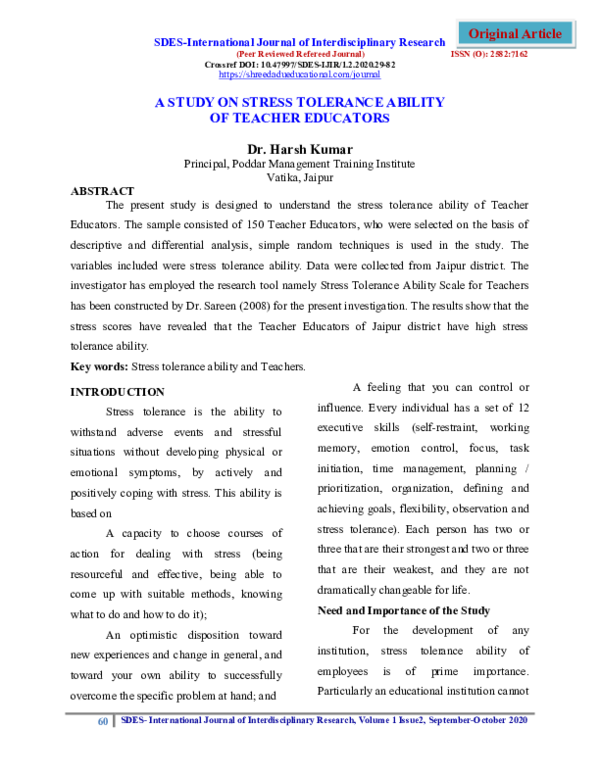 (PDF) A STUDY ON STRESS TOLERANCE ABILITY OF TEACHER EDUCATORS