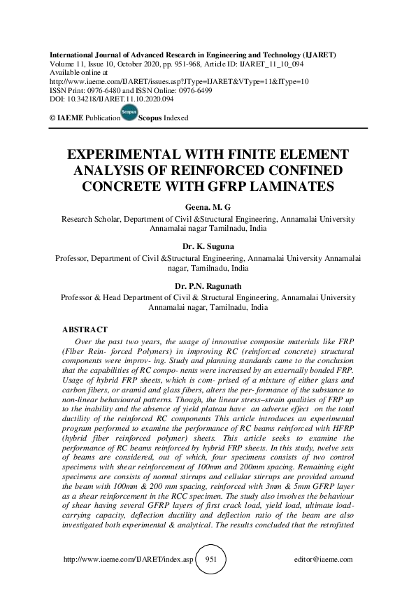 (PDF) EXPERIMENTAL WITH FINITE ELEMENT ANALYSIS OF REINFORCED CONFINED CONCRETE WITH GFRP ...