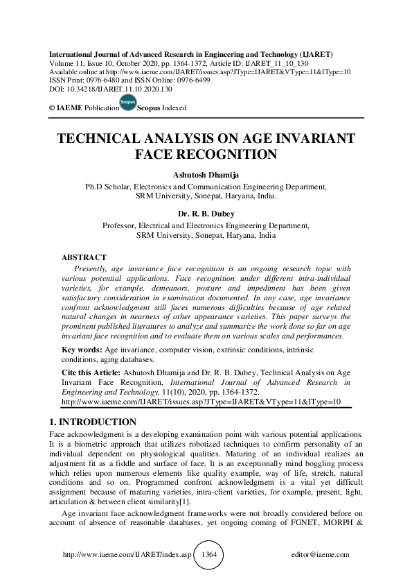 (PDF) Technical Analysis on Age Invariant Face Recognition