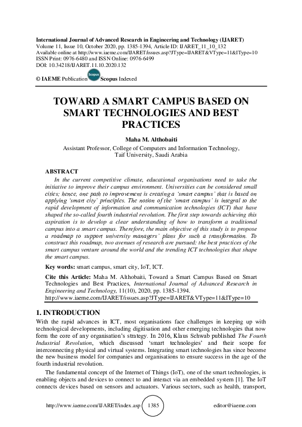 (PDF) Toward a Smart Campus Based on Smart Technologies and Best Practices