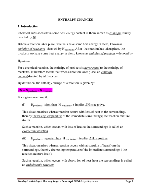 (PDF) S4 Chemistry Notes ENTHALPY CHANGES