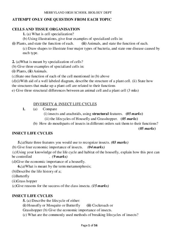 (PDF) S4 BIOLOGY REVISION QUESTIONS MERRYLAND HIGH SCHOOL