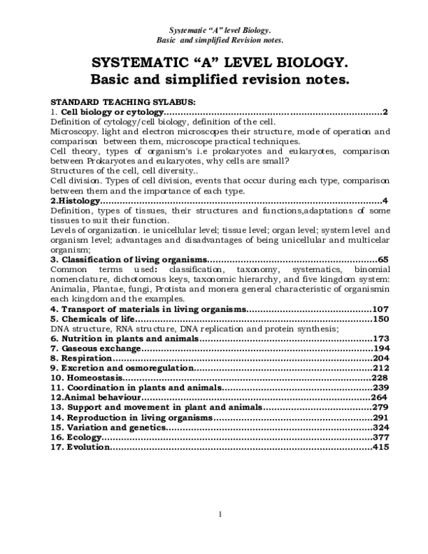 (PDF) Systematic "A" level Biology. Basic and simplified Revision notes