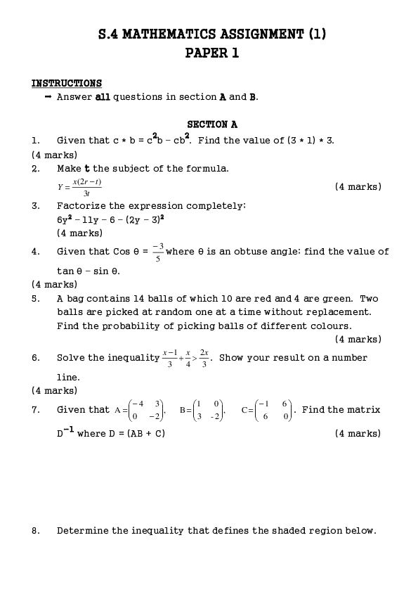 (PDF) S.4 MATHEMATICS ASSIGNMENT PAPER