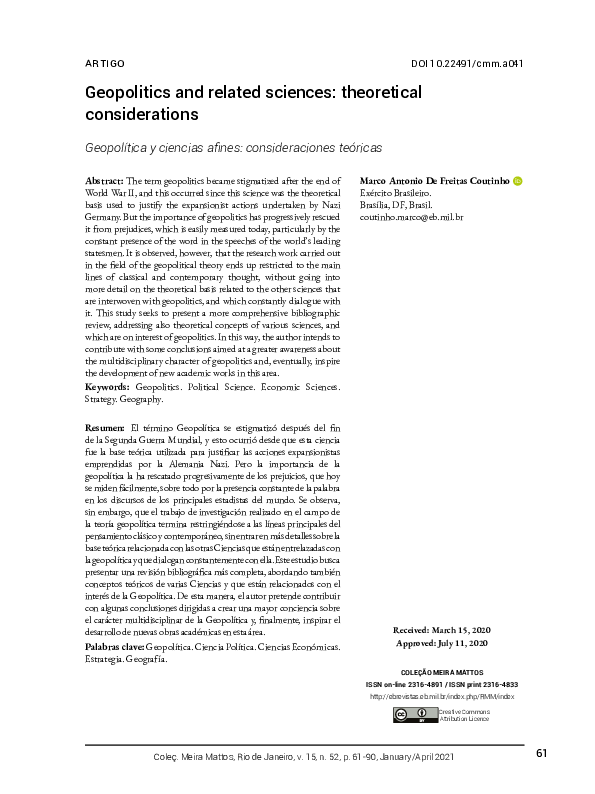 (PDF) Geopolitics and Related Sciences: Theoretical Considerations