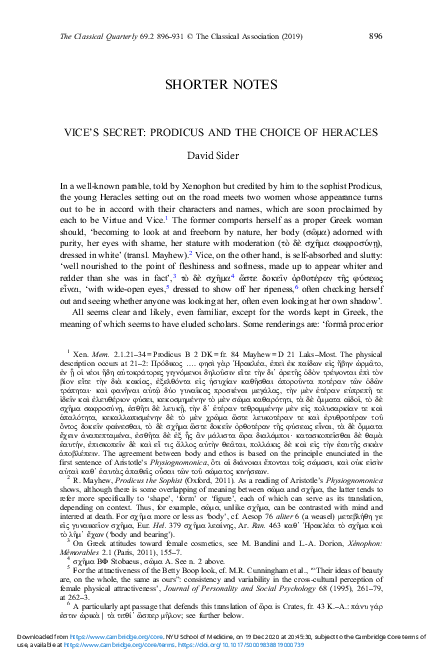 (PDF) Sider (2019), Vice's Secret: Prodicus and the choice of Heracles