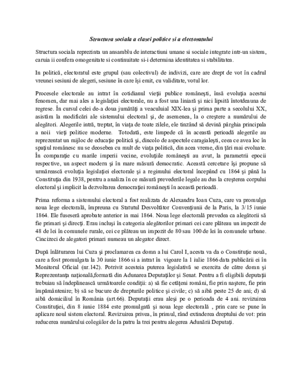 (DOC) Structura socială a clasei politice si a electoratului