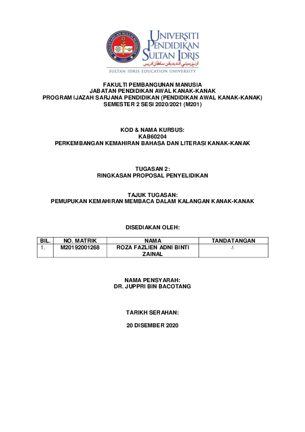 (PDF) Ringkasan Proposal Penyelidikan Roza Fazlien Adni Zainal M20192001268