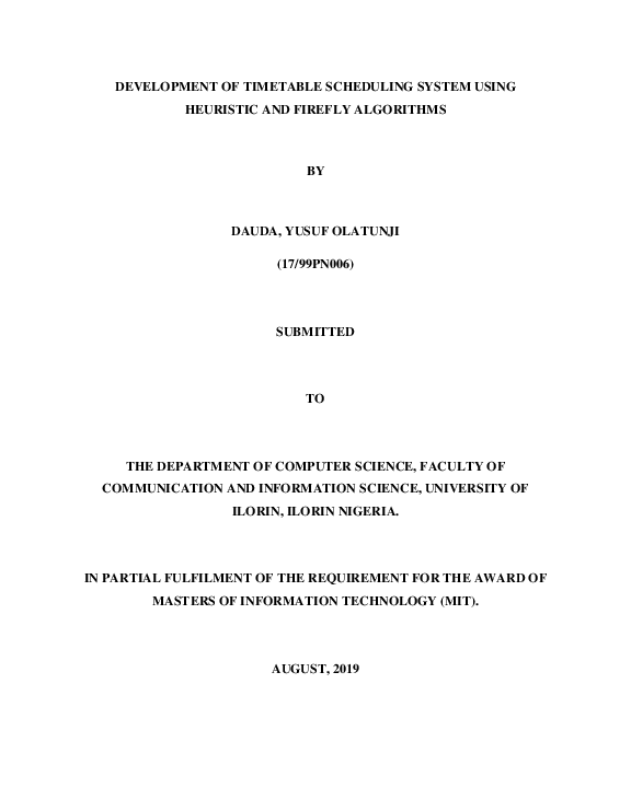 (PDF) DEVELOPMENT OF TIMETABLE SCHEDULING SYSTEM USING HEURISTIC AND FIREFLY ALGORITHMS
