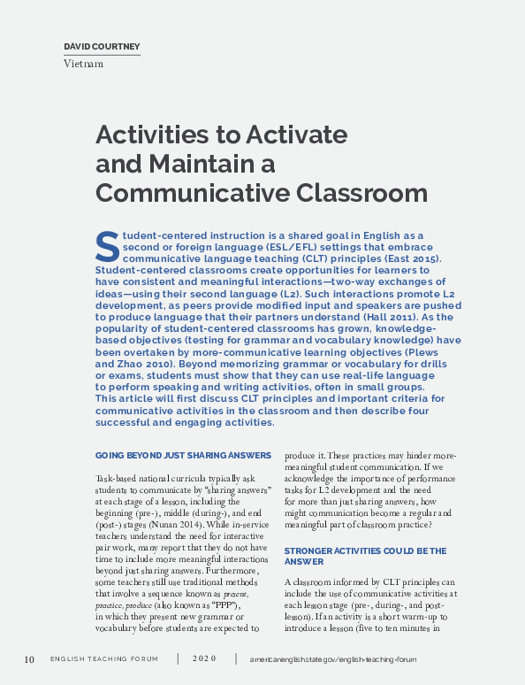 (PDF) Activities to Activate and Maintain a Communicative Classroom