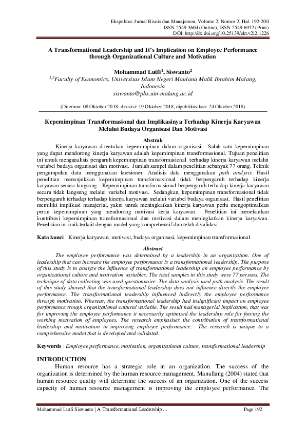 (PDF) A Transformational Leadership and It's Implication on Employee Performance through ...