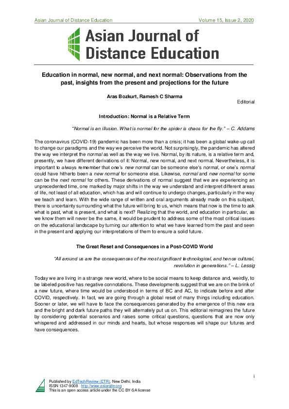 (PDF) Education in normal, new normal, and next normal: Observations ...
